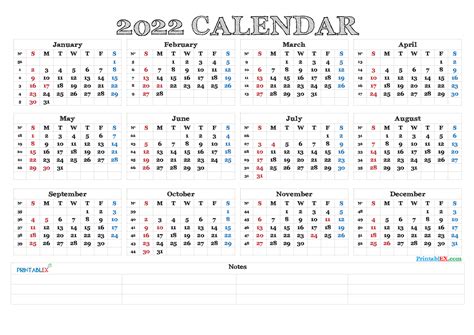 2022 One Page Printable Calendar Landscape Pdf Image Free