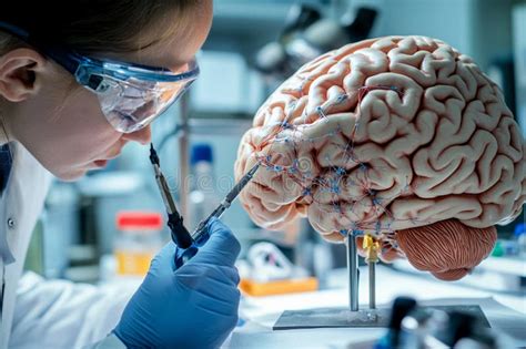 Scientist Examines Detailed Model Of Human Brain In Laboratory Setting During Daylight Stock