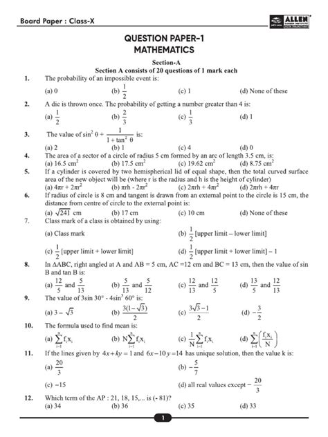 Class10 Maths Paper 1 Pdf