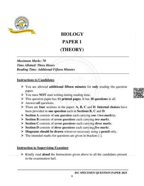 Isc Class 12 Biology Specimen Paper 2025 Pdf