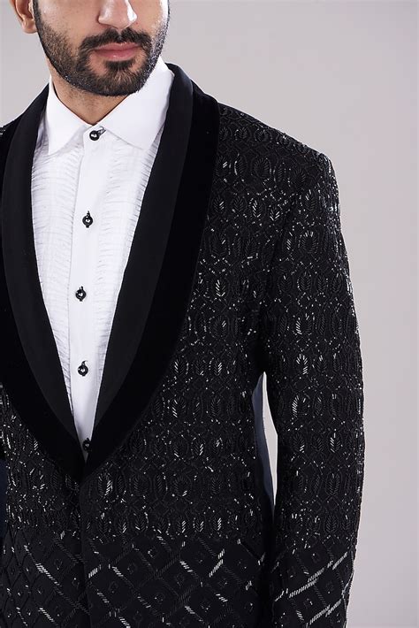 Buy Aditya Sachdeva Men Black Italian Crepe Hand Embroidered Tuxedo Set