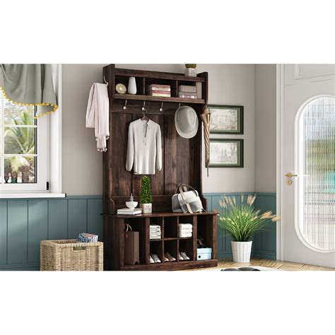 Hall Tree With 6 Hooks Coat Hanger Entryway Bench Storage Bench 3