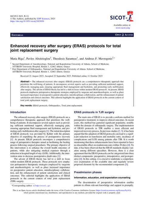 Pdf Enhanced Recovery After Surgery Eras Protocols For Total Joint