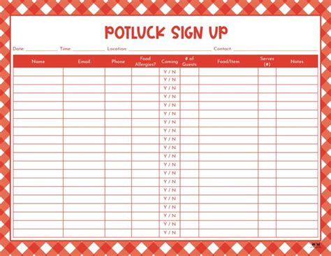 Editable Printable Potluck Sign Up Sheet