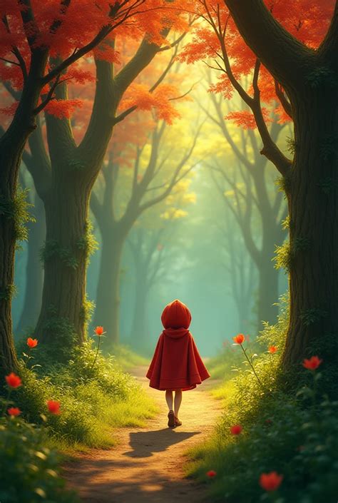 Little Red Riding Hood Walking Through The Forest Among Large Seaart Ai