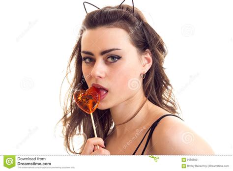 Young Woman In Black Bra With Candy Stock Image Image Of Adult Fashion 91508031