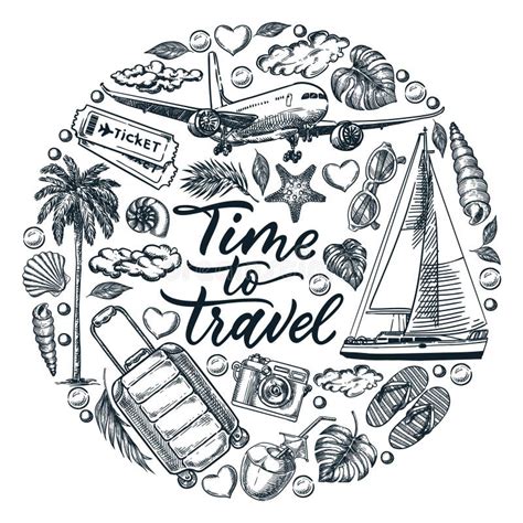 Travel Calligraphy On Blue Background And Outline Shapes Stock Vector