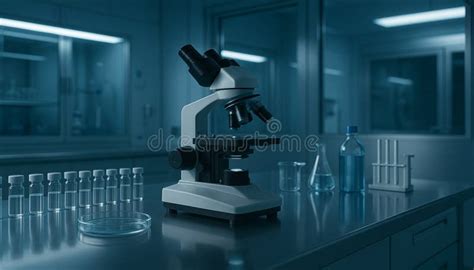 Microscope And Laboratory Glassware On Clean Bench In Sterile