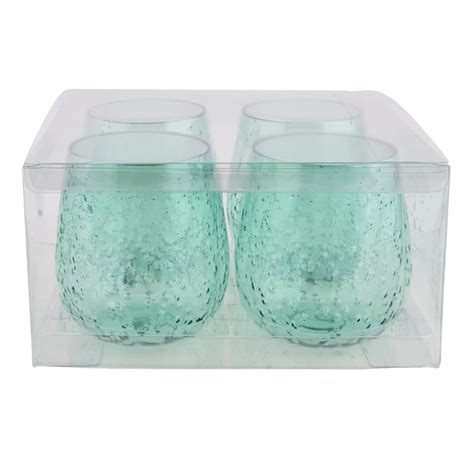 Ty Pennington Set Of 4 Teal Bubble Stemless Wine Gla