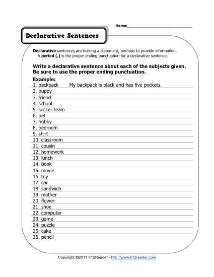 Declarative Sentence Worksheet Grade 4 English Resources Printable