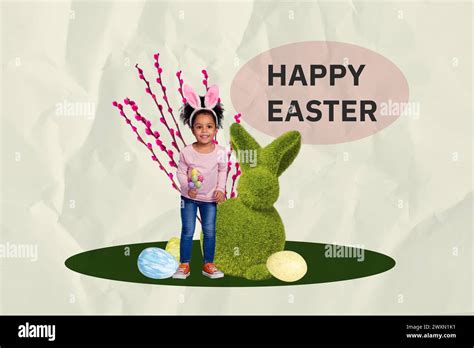 Composite Collage Image Of Funny Cute Girl Bunny Ears Rabbit Grass Bush