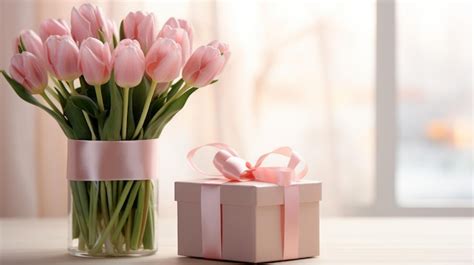 Premium Ai Image Pink Tulips With Present On A Light Background