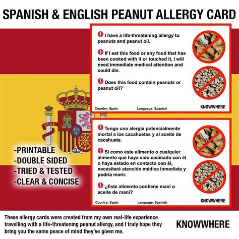 English And Spanish Peanut Allergy Card For Travel Printable Bilingual