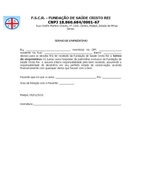 Termo De Emprestimo Cama Modelo Pdf
