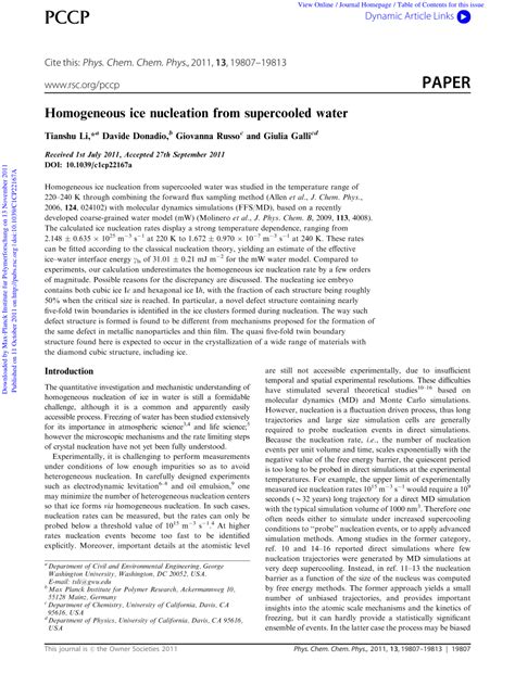 Pdf Homogeneous Ice Nucleation From Supercooled Water