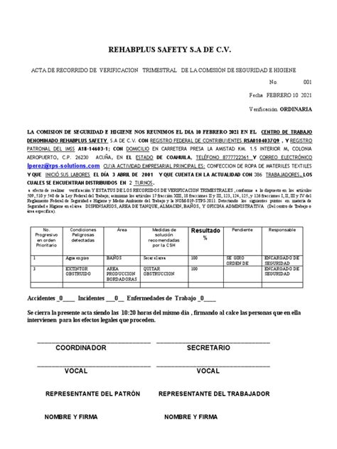 Recorrido Trimestral De La Comisión De Seguridad E Higiene Pdf