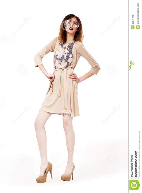 Full Length Of Bright Glamorous Girl With Trendy Glasses Creativity