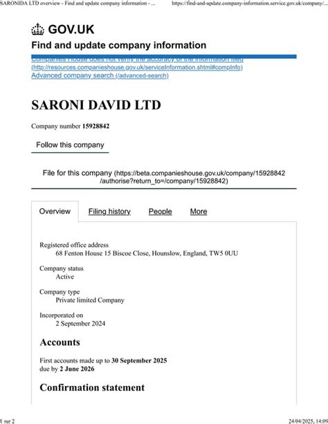 1 Saroni David Ltd Overview Find And Update Company Information Gov Uk Pdf