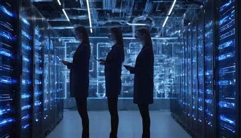 Premium Photo Three Women Working In High Tech Server Room With Digital Interface