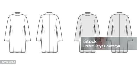 스탠드 어웨이 칼라 긴 소매 오버사이즈 무릎 길이가 있는 튜닉 스웨터 테크니컬 패션 일러스트 플랫 겸손 튜닉에 대한 스톡 벡터