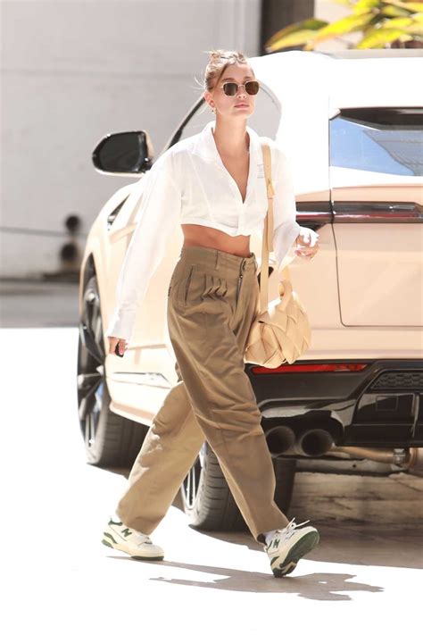 Hailey Bieber In A Tan Pants Arrives At A Meeting In Beverly Hills 07