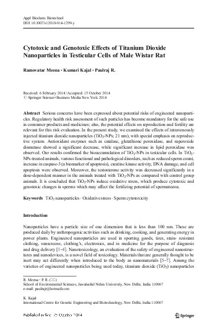 Pdf Cytotoxic And Genotoxic Effects Of Titanium Dioxide Nanoparticles In Testicular Cells Of
