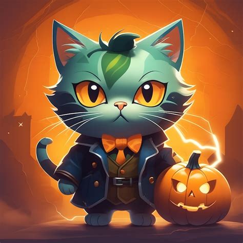 Premium Ai Image A Wise Halloween Kitty With Halloween Pumpkin