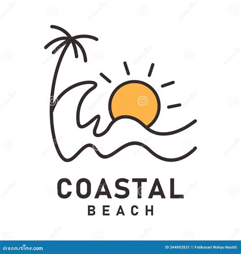 Simlpe Coastal Beach Logo With Sun Waves And Palm Tree Stock Illustration Illustration Of