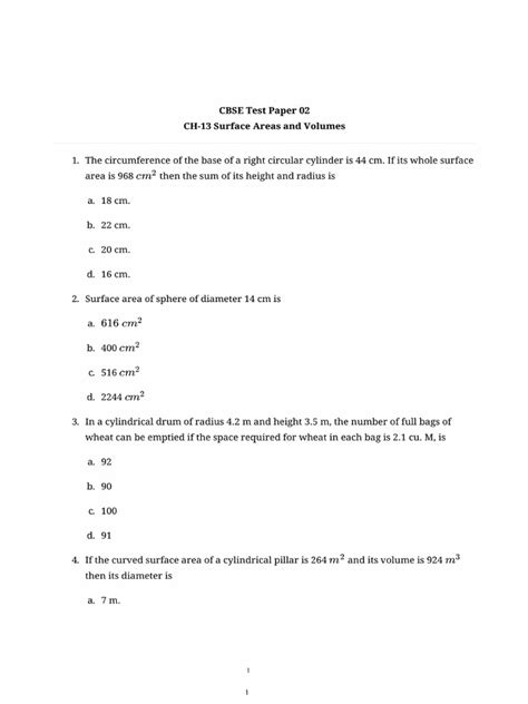 Surface Area And Volume Class 9 Worksheet Pdf