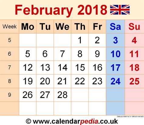Calendar February 2018 Uk 5 Free Printable Pdf Templates