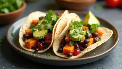 Dos Tacos Veganos Rellenan Batata Frijol Negro Aguacate Tomates
