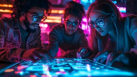 Young Adults Using Interactive Touch Screen Technology Premium Ai Generated Image