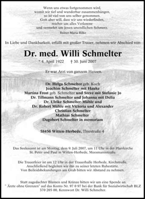 Traueranzeigen Von Willi Schmelter Trauer In Nrw De