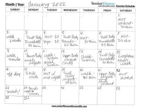 Monthly Exercise Calendar Senior Fitness With Meredith
