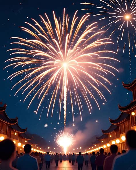 Spectacular Fireworks Display Over Traditional Chinese Town Background