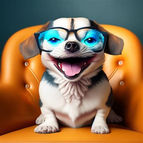 Lindo Perro Corriendo Y Riendo Y Usando Gafas Y Sentado En Una Silla