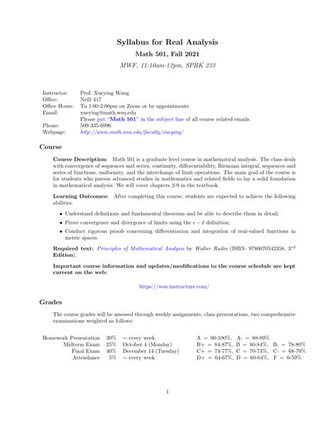 Real Analysis Math 501 Syllabus