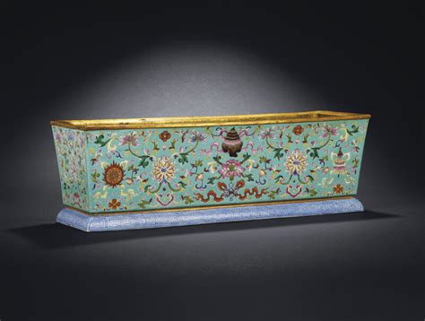 A Rectangular Turquoise Ground Famille Rose Jardinière Qianlong Period