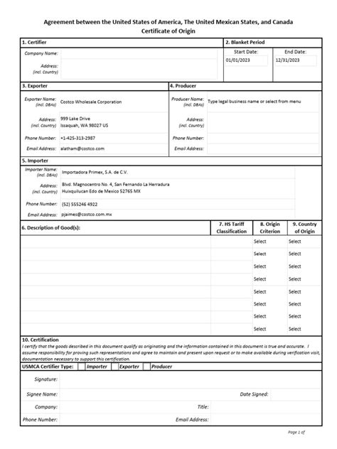 Usmca Producer Template Coo 2023 24 Download Free Pdf Information