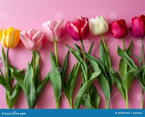 Creative Layout Made Of Tulip Flowers On Pink Background Spring