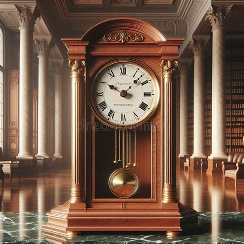 Elegant Vintage Pendulum Clock In Classic Library Setting Stock Image