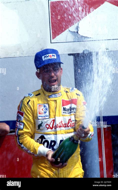 Ivan Capelli Ita March 86b Ford Cosworth Genoa Racing 1st Position Celebrate On Podium Stock
