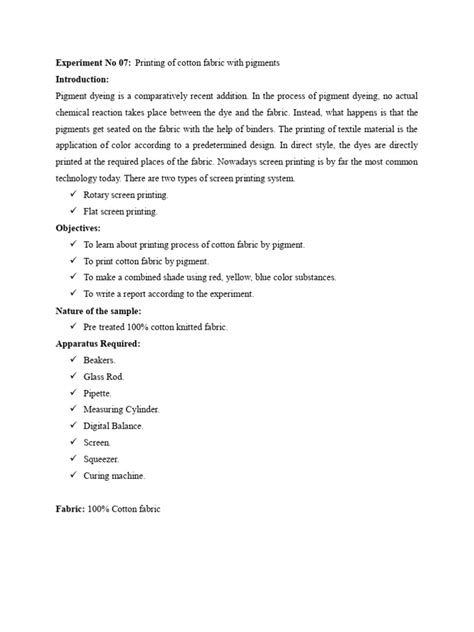 Experiment No 07 Printing Of Cotton Fabric With Pigments Pdf