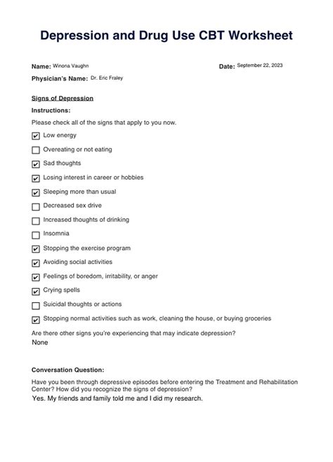 Depression And Drug Use Cbt Worksheet And Example Free Pdf Download