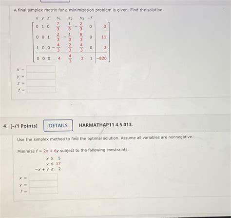 Solved A Final Simplex Matrix For A Minimization Problem Is Given