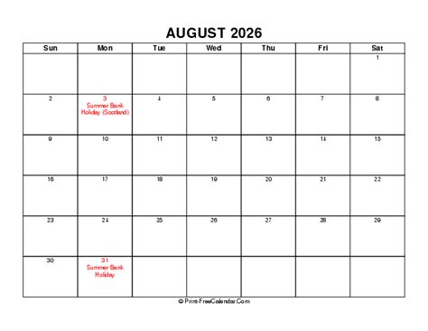 August 2026 Calendar With Holidays Uk August Calendar 2026