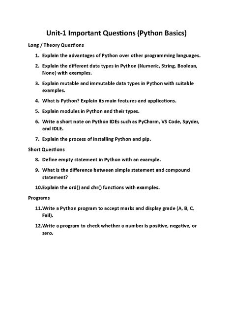 Python Important Questions Units 1 3 Theory And Programs Studocu