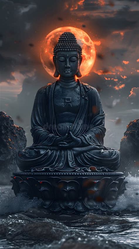 Ethereal Buddha Statue Bathed In The Glow Of A Fiery Moonlit Sky Stock