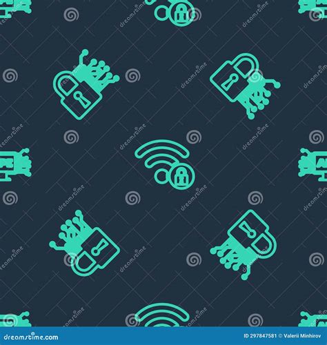 Set Line Wifi Locked Cyber Security And Computer Api Interface On Seamless Pattern Vector