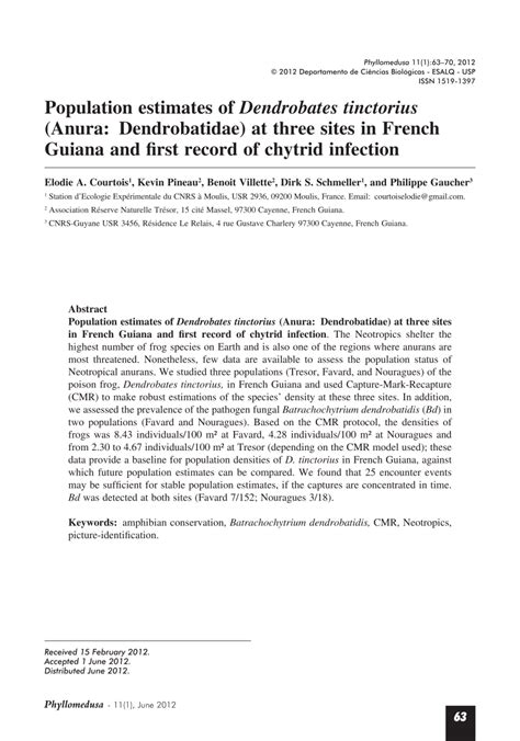 Pdf Population Estimates Of Dendrobates Tinctorius Anura Dendrobatidae At Three Sites In